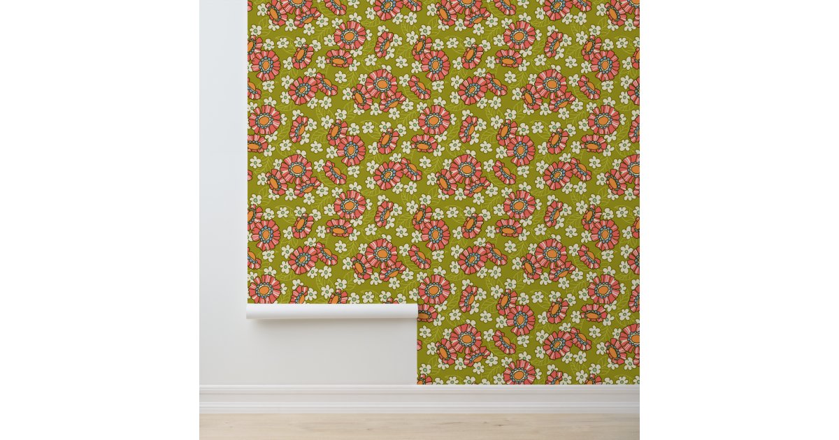 Retro Pink & Green Flowers Pattern Wallpaper | Zazzle