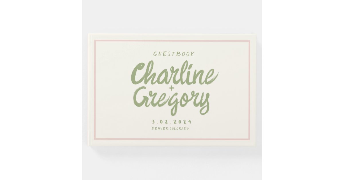 Retro Pink Green Handwriting Wedding Guest Book | Zazzle