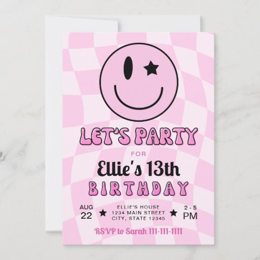 Retro Pink Happy Face Smile Birthday Invitation | Zazzle