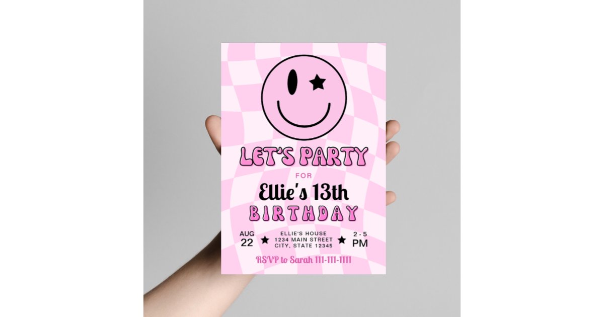 Retro Pink Happy Face Smile Birthday Invitation | Zazzle