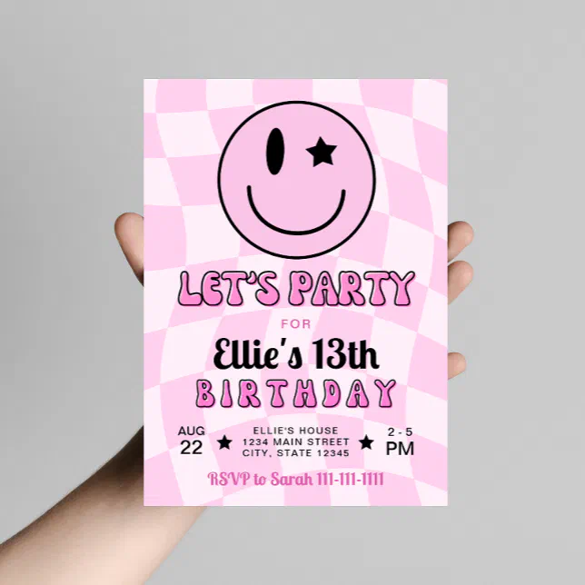 Retro Pink Happy Face Smile Birthday Invitation | Zazzle