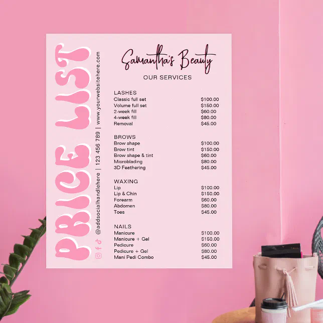 Retro Pink Modern Lash Salon Price List Poster | Zazzle
