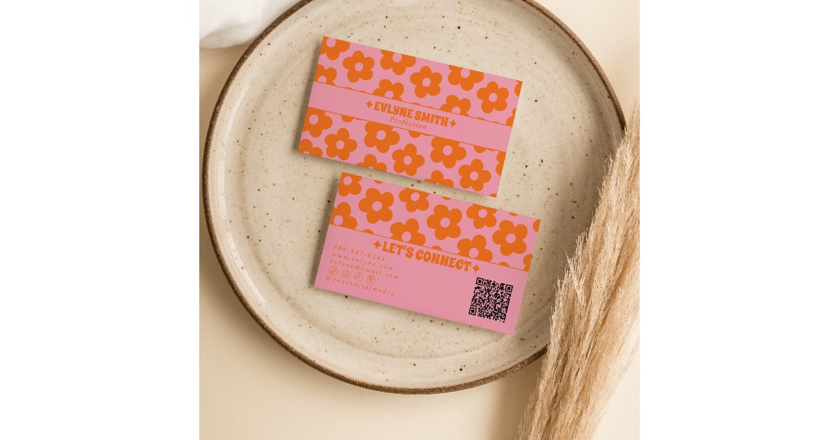 Retro Pink Orange QR Code Groovy Floral Boho Girly Business Card | Zazzle