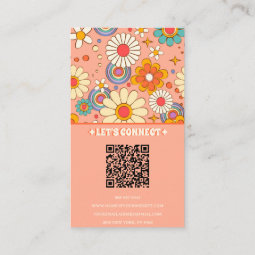 Retro Pink Orange QR Code Groovy Floral Trendy Business Card | Zazzle