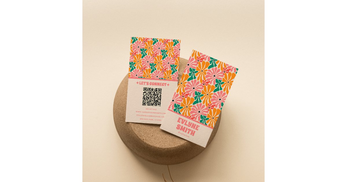 Retro Pink Orange QR Code Groovy Floral Trendy Business Card | Zazzle