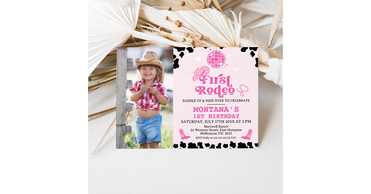Retro Pink Photo Disco First Rodeo 1st Birthday Invitation | Zazzle