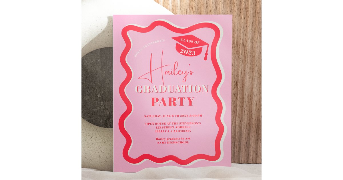 Retro pink red curve squiggle wavy graduation invitation | Zazzle