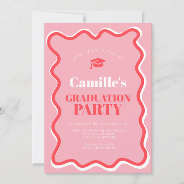 Retro pink red curve squiggle wavy graduation invitation | Zazzle