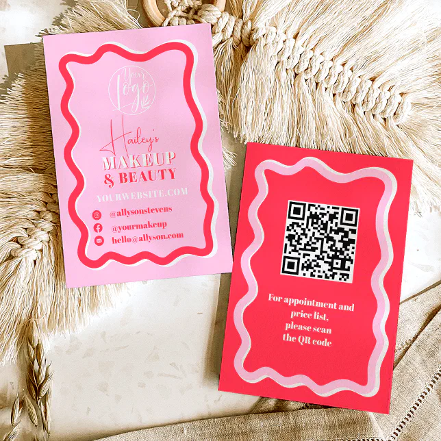 Retro pink red curve squiggle wavy makeup beauty business card | Zazzle