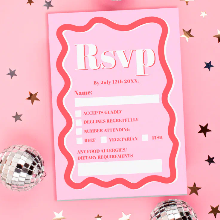 Retro pink red curve squiggle wavy wedding invitation | Zazzle