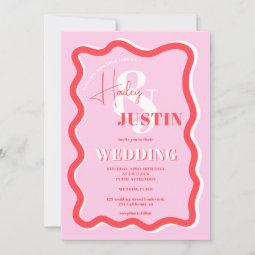 Retro pink red curve squiggle wavy wedding photo invitation | Zazzle