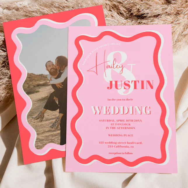 Retro pink red curve squiggle wavy wedding photo invitation | Zazzle