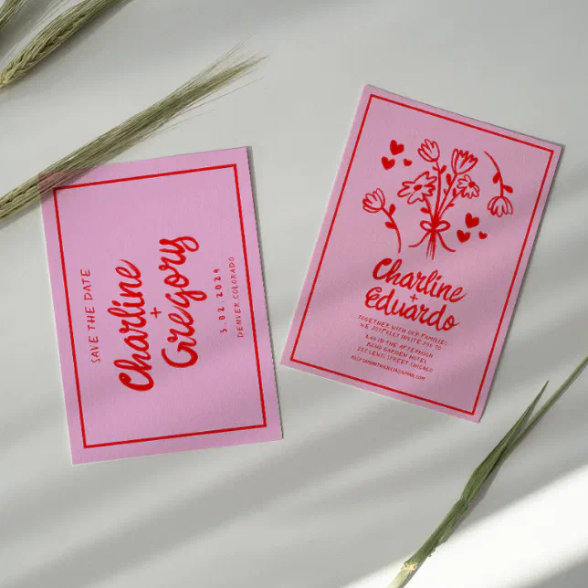 Retro Pink Red Handwriting Wedding Save the Date Invitation | Zazzle Retro Pink Red Handwriting Wedding Save the Date Invitation | Zazzle
