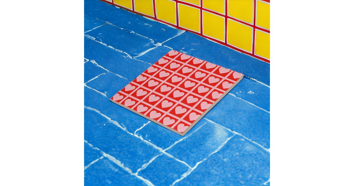 Retro Pink Red Heart Check Y2K Pattern Ceramic Tile | Zazzle