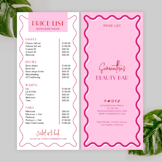 Retro Pink & Red Makeup Artist Beauty Price List Rack Card | Zazzle