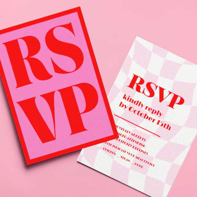 Retro Pink Red Pattern Bold Typography Wedding RSVP Card | Zazzle