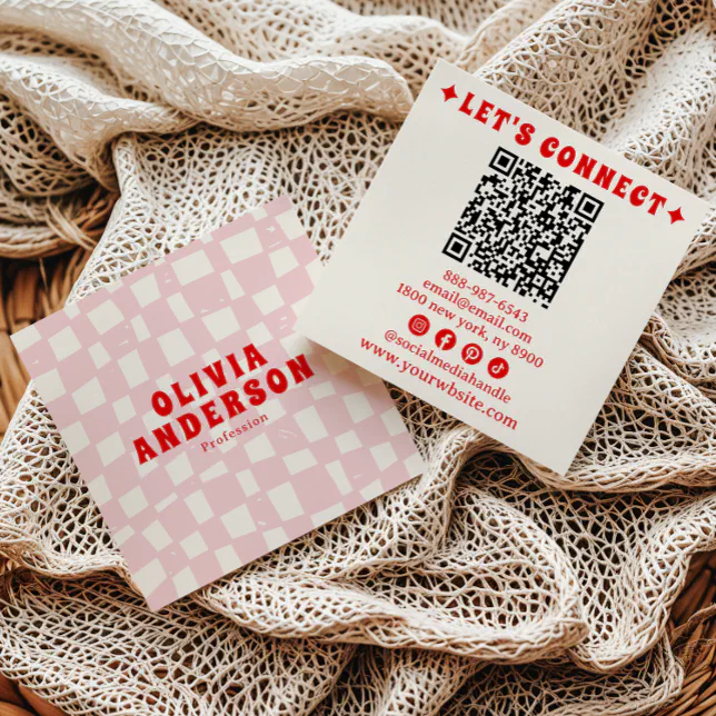 Retro Pink Red QR Code Groovy Checkered Girly Boho Square Business Card ...