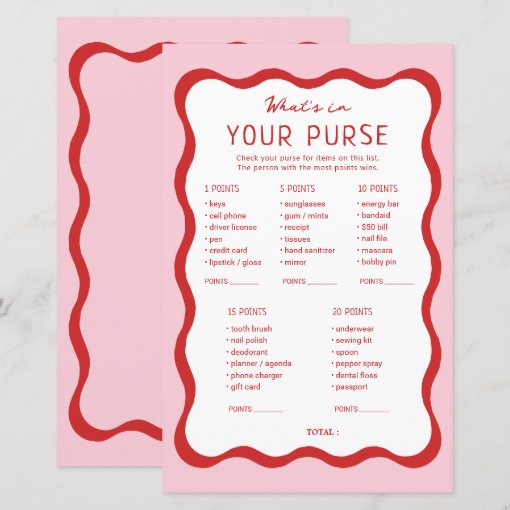 Retro Pink Red What's In Your Purse Game Cards | Zazzle