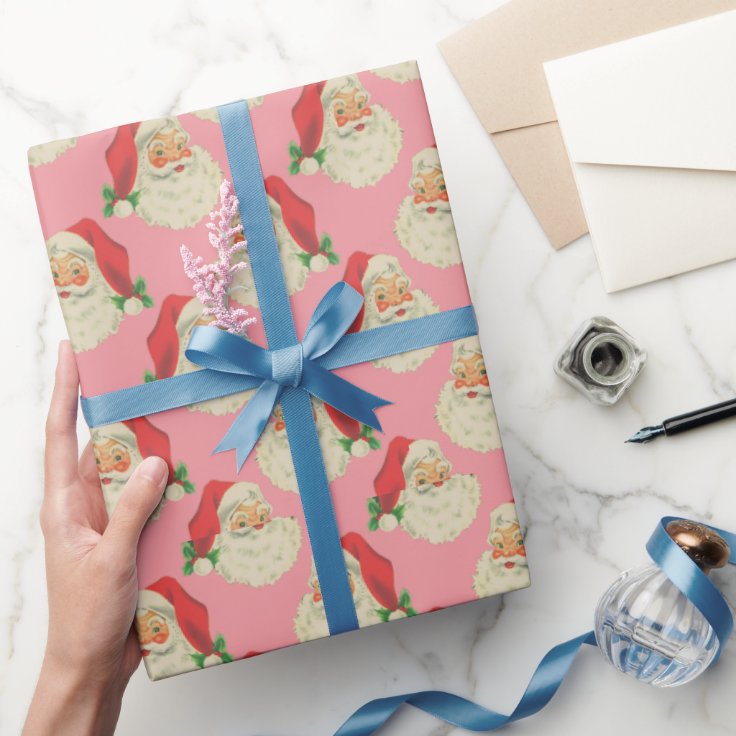 Retro Pink Santa Claus Christmas Wrapping Paper | Zazzle