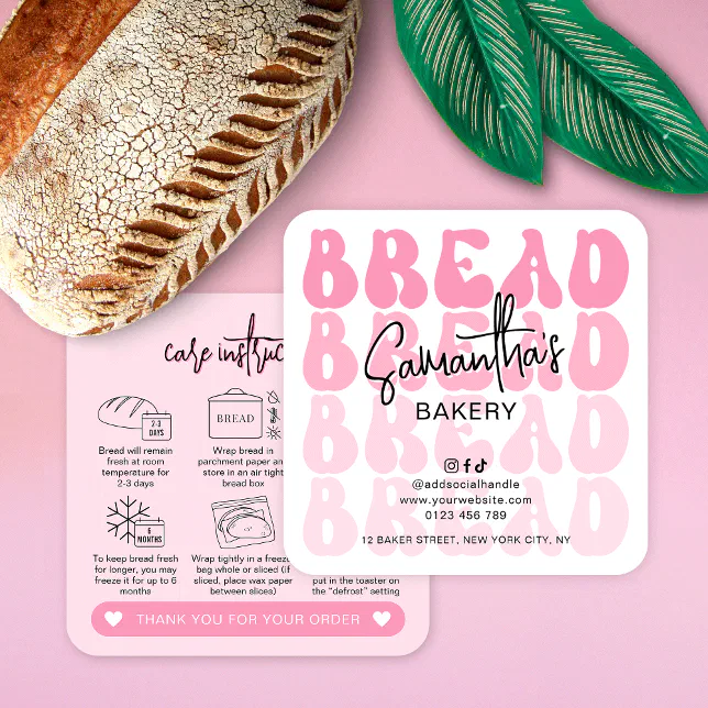 Retro Pink Trendy Bread Loaf Care Instructions Square Business Card ...