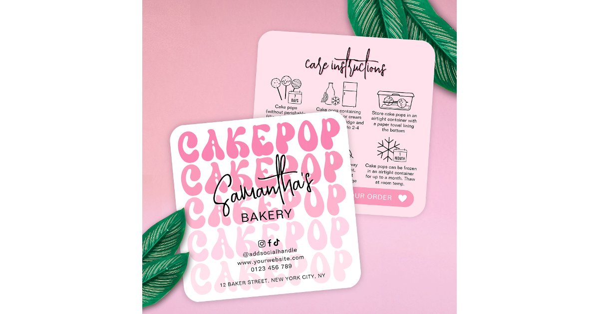 Retro Pink Trendy Cake Pops Care Instructions Card | Zazzle
