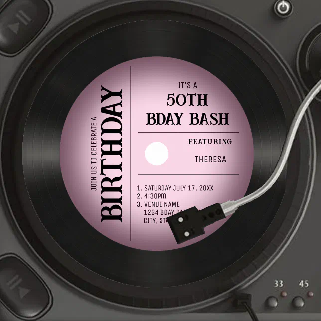 Retro Pink Vignette Vinyl Record 50th Birthday Invitation | Zazzle