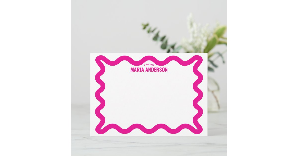 Retro Pink Wavy Border Personalised Note Card | Zazzle