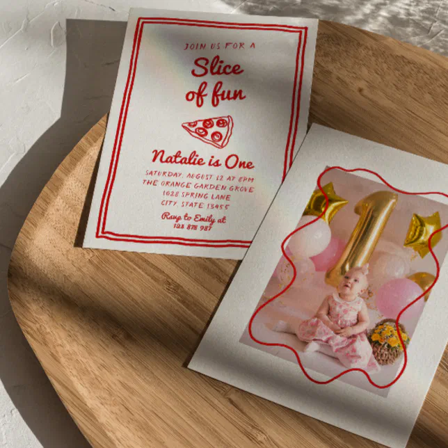 Retro Pizza 1st Drawn Slice Of Fun Photo Birthday Invitation | Zazzle