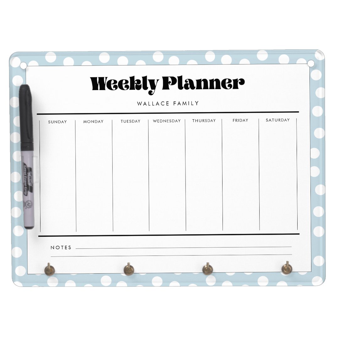 Retro polka dot weekly planner dry erase board with keychain holder ...