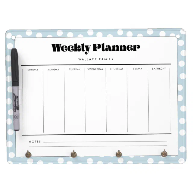 Retro polka dot weekly planner dry erase board with keychain holder ...