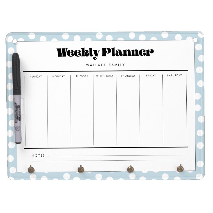 Retro polka dot weekly planner dry erase board with keychain holder ...