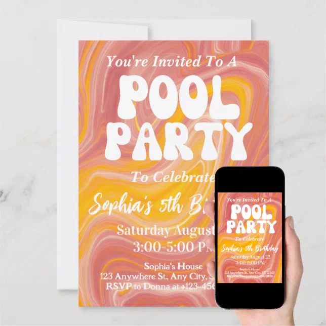 Retro Pool Party Groovy 70s Hippie 5th Birthday Invitation | Zazzle