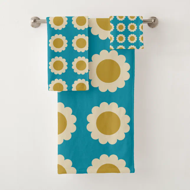 Retro Pop Flowers Pattern Turquoise Gold Bath Towel Set | Zazzle