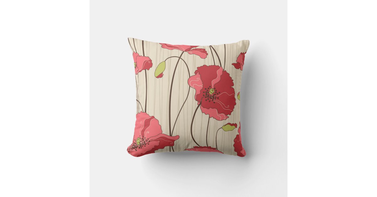 Retro Poppies Pattern Throw Pillow | Zazzle