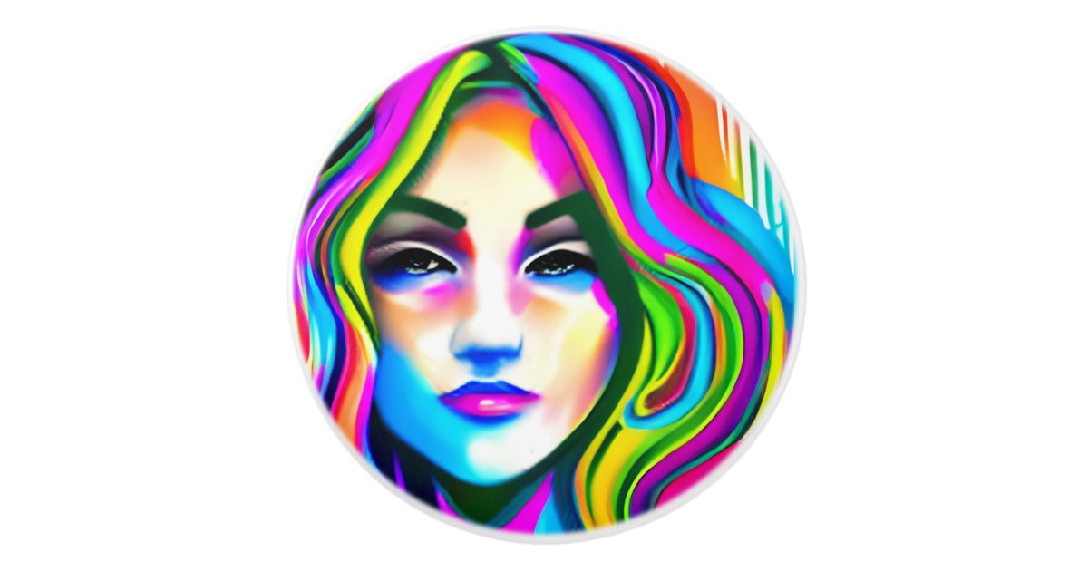 Retro Portrait of a Woman with Rainbow Hair Ceramic Knob | Zazzle