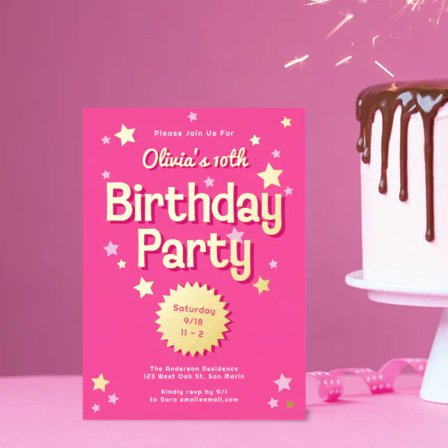 Retro Pretty Pink Stars Birthday Party Foil Invitation | Zazzle