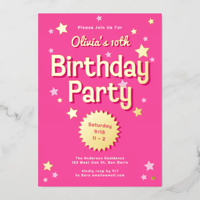 Retro Pretty Pink Stars Birthday Party Foil Invitation | Zazzle