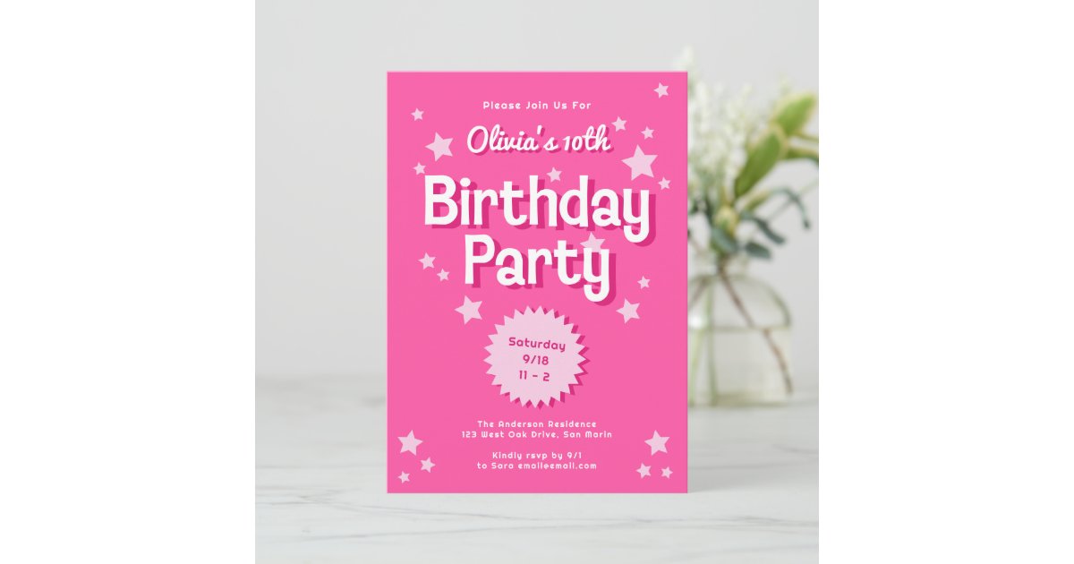 Retro Pretty Pink Stars Birthday Party Invitation | Zazzle