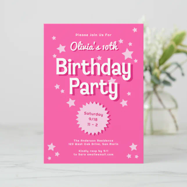 Retro Pretty Pink Stars Birthday Party Invitation | Zazzle