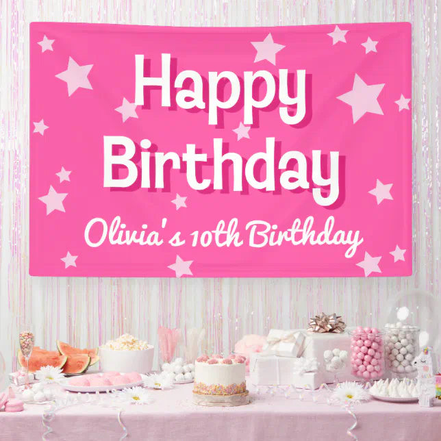 Retro Pretty Pink Stars Happy Birthday Banner | Zazzle