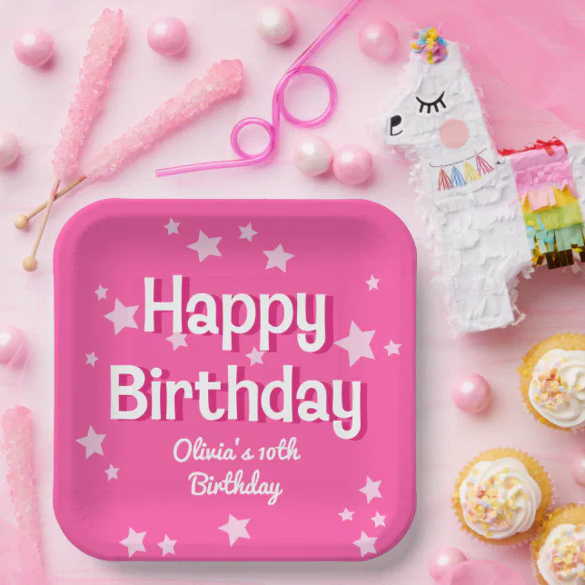 Retro Pretty Pink Stars Happy Birthday Paper Plates | Zazzle
