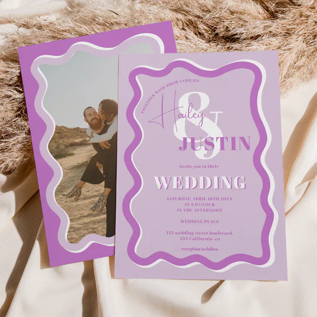 Retro purple curve squiggle wavy wedding photo invitation | Zazzle