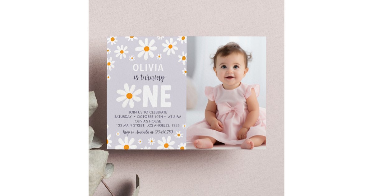 Retro Purple Daisy First Birthday Photo Invitation | Zazzle