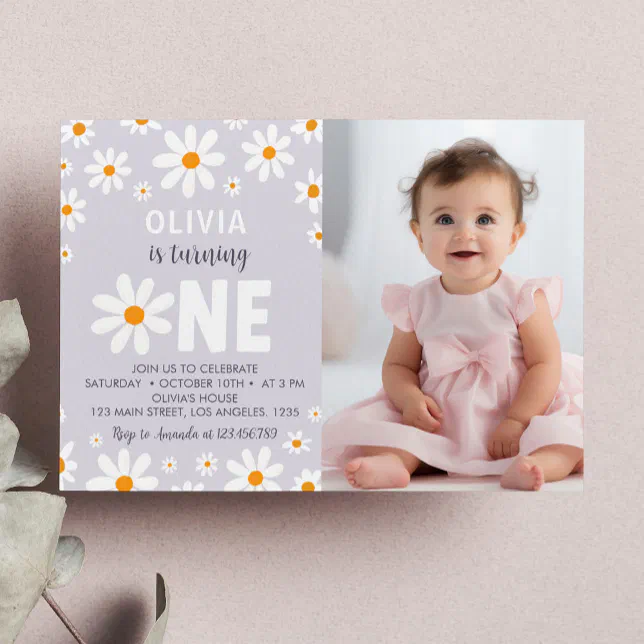 Retro Purple Daisy First Birthday Photo Invitation | Zazzle