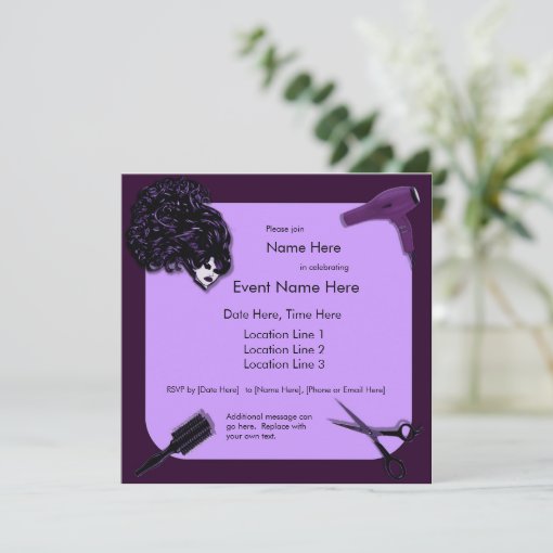 Retro Purple Hair Stylist Custom Invitations | Zazzle