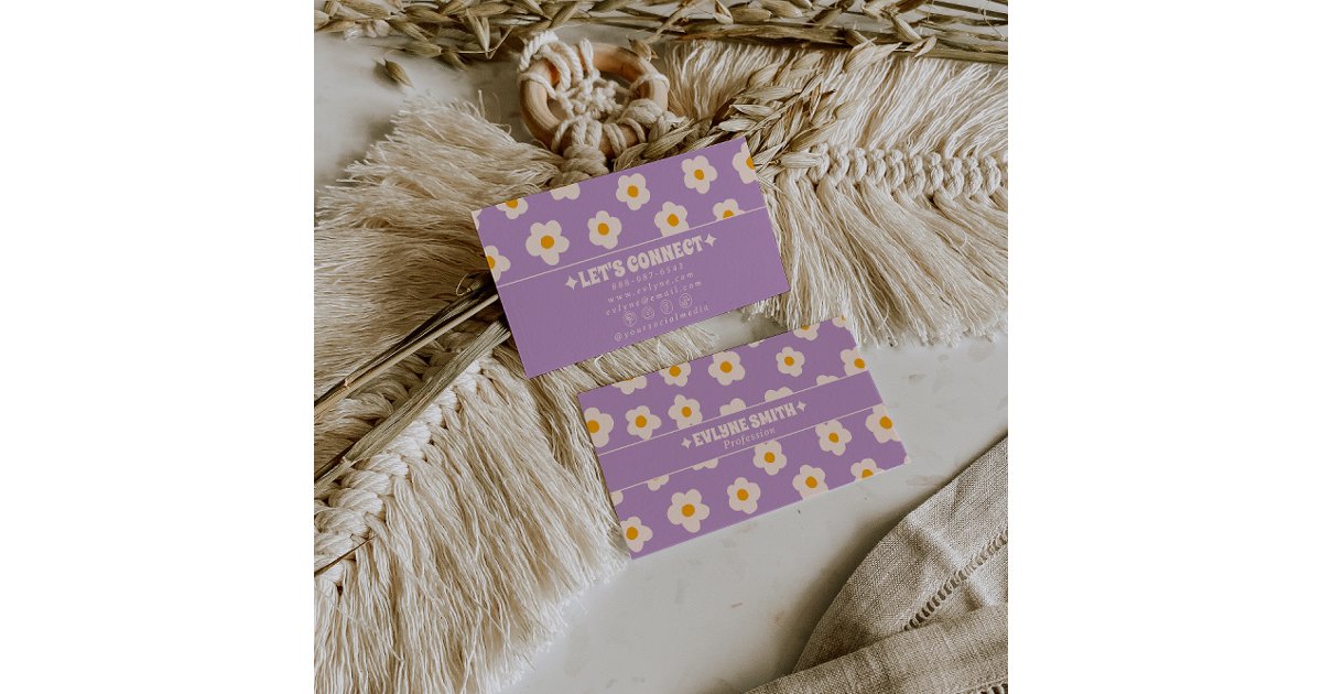 Retro Purple White Groovy Floral Boho Trendy Fun Business Card | Zazzle