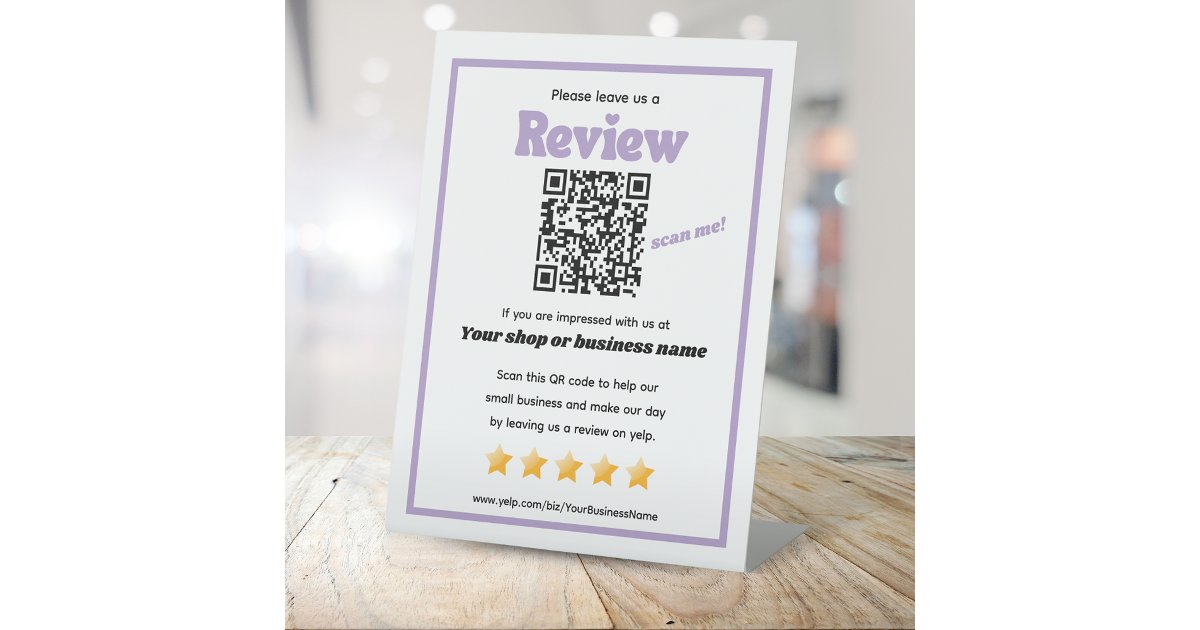 Retro QR code 'leave us a review' YELP purple Pedestal Sign | Zazzle
