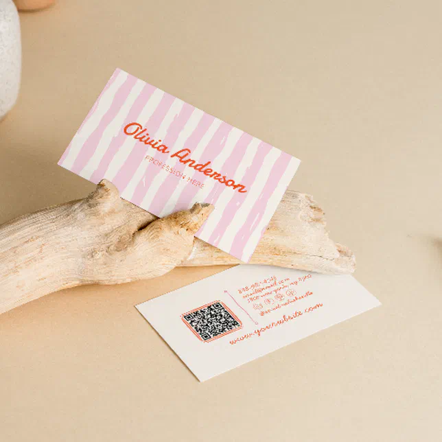 Retro QR Code Pink Hand Drawn Stripped Girly Boho Business Card | Zazzle