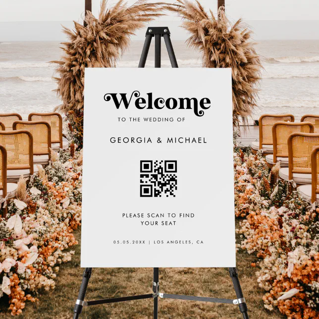 Retro QR Code Seating Chart Wedding Welcome Sign | Zazzle