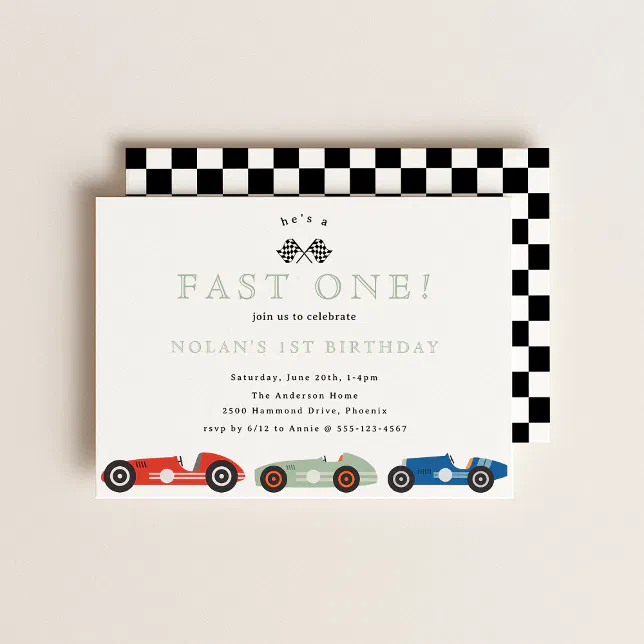 Retro Race Car Fast One Theme Birthday Invitation | Zazzle